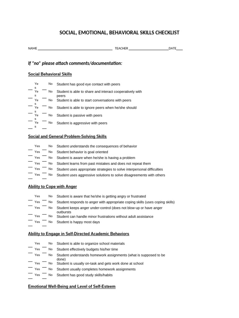 Social Emotional Checklist | PDF | Anger | Homework