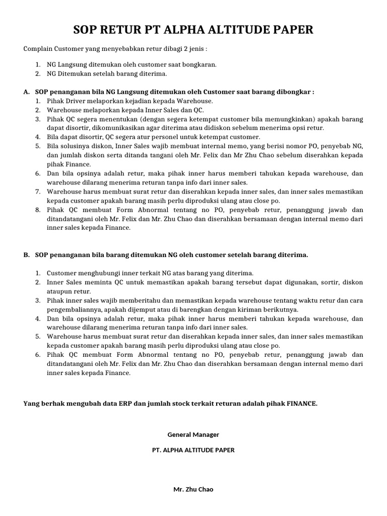 SOP Retur PT Alpha Altitude Paper | PDF