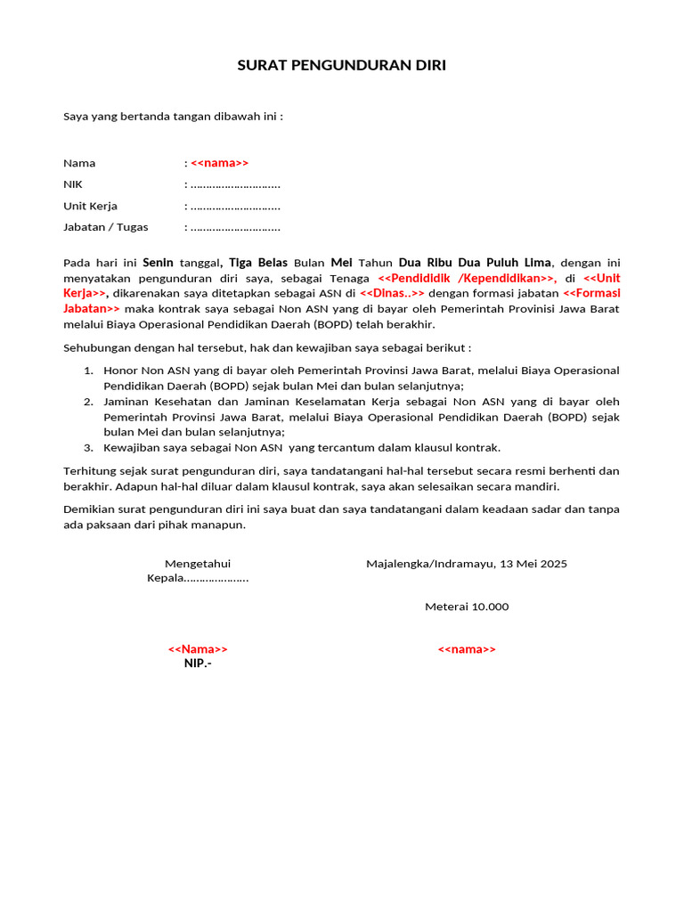 Contoh Surat Pengunduran Diri ASN | PDF