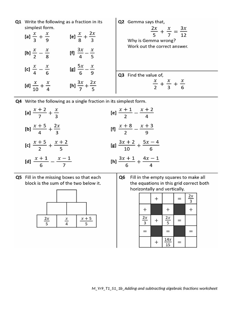 M Yr9 T1 S1 1b Adding and Subtracting Algebraic Fractions Worksheet | PDF