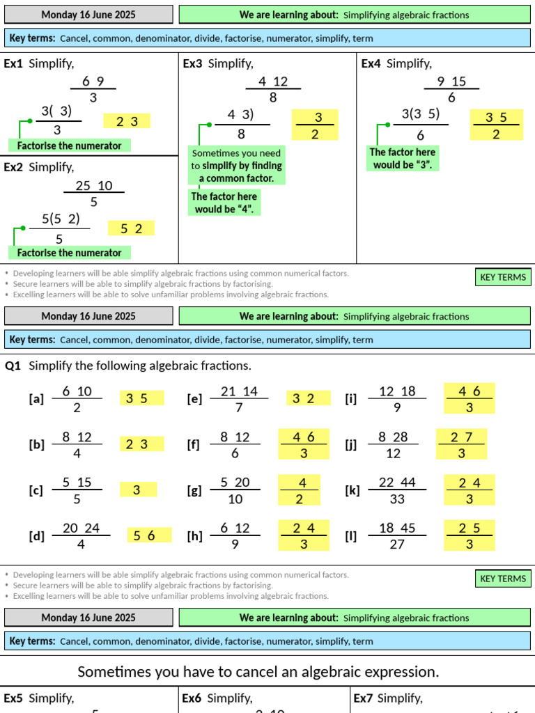 M Yr9 T1 S1 1a Simplifying Algebraic Fractions Demo | PDF | Factorization | Lexicology
