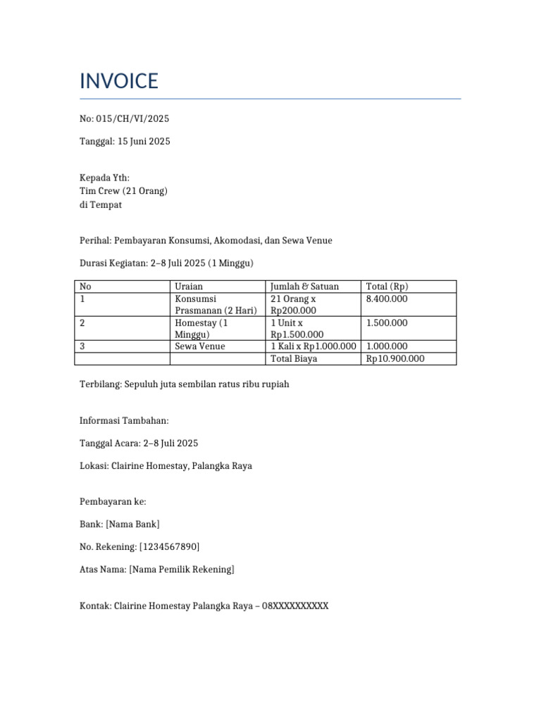 Invoice Clairine Homestay 2-8 Juli 2025 | PDF