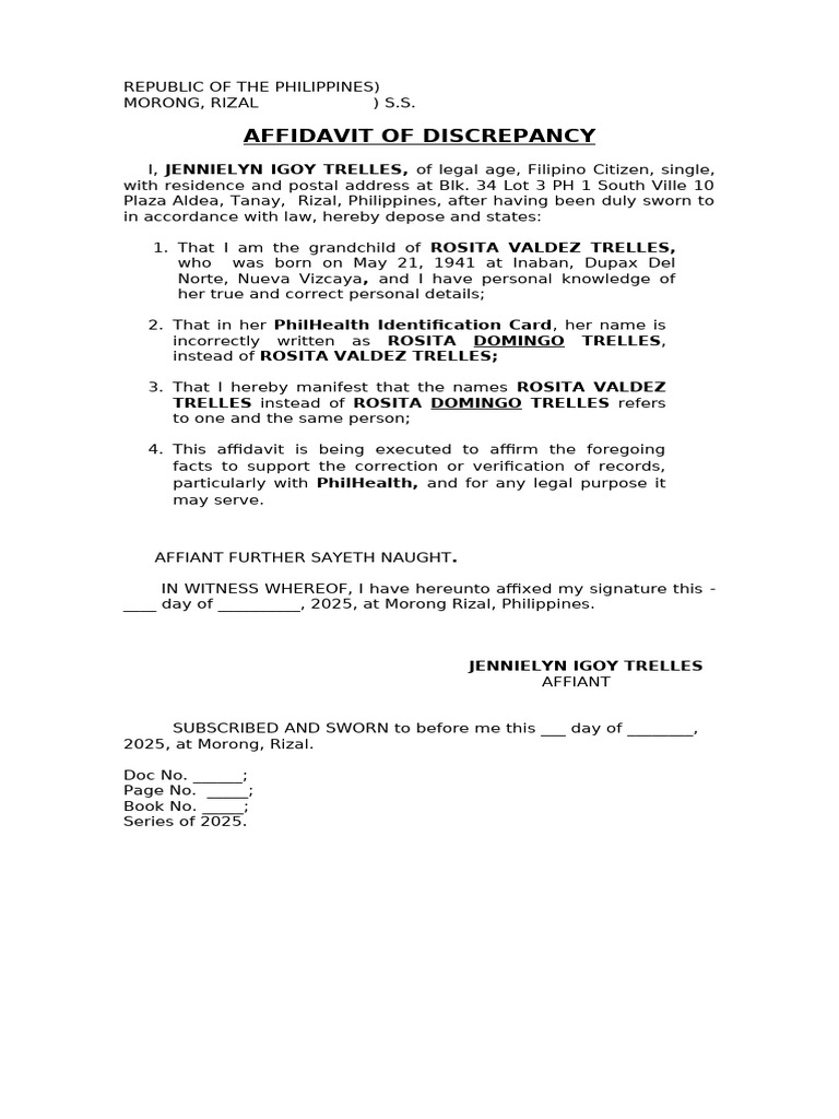 Affidavit - Discrepancy - Jennielyn Igoy Trelles | PDF
