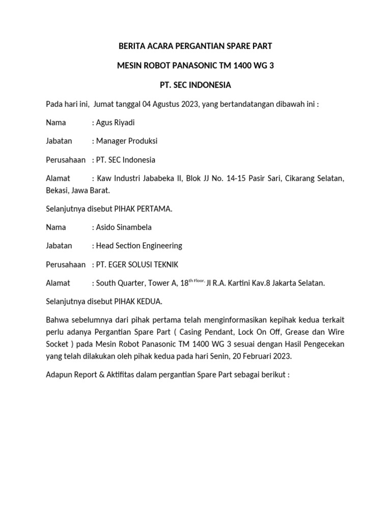 Berita Acara Pergantian Spare Part Robot Pnasonic TM 1400 WG3 | PDF