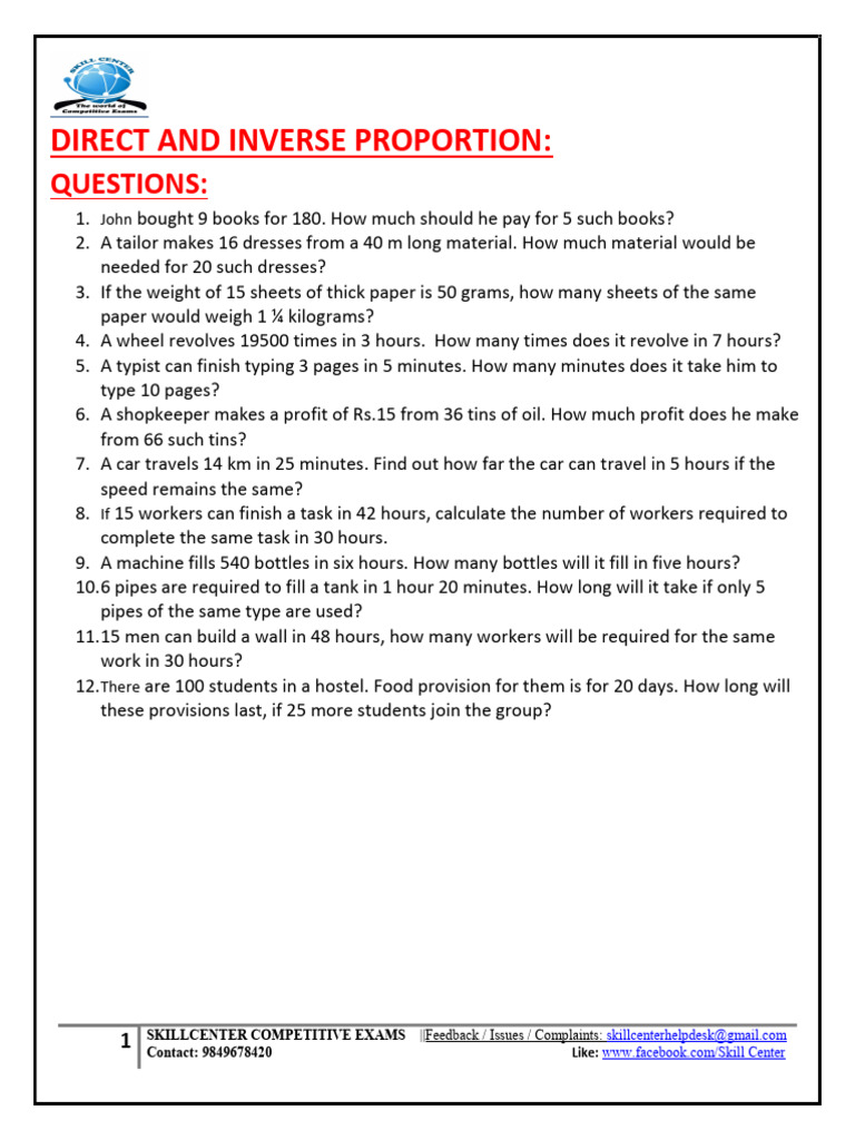 Direct and Inverse Proportion-12Q - 32003502 | PDF