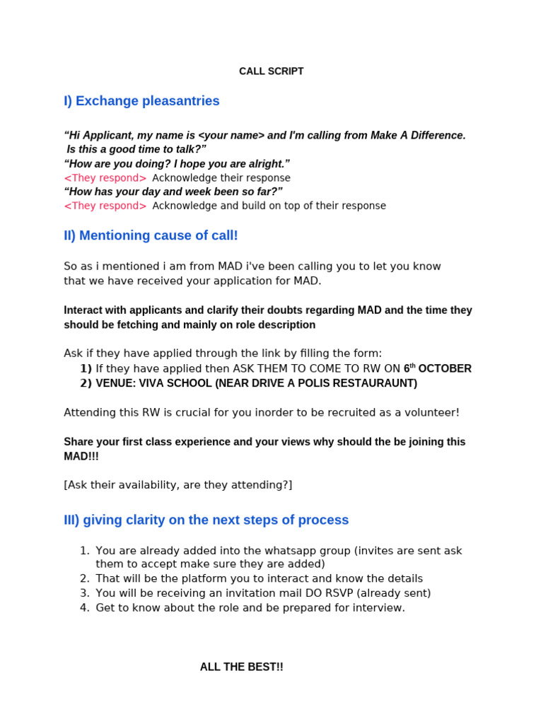 Screening Call Script For RW1 | PDF