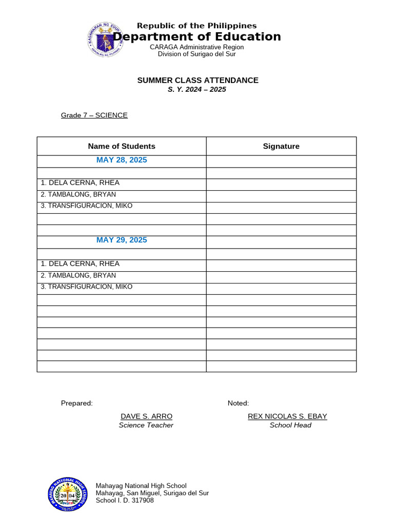 Summer Attendance Sheet | PDF
