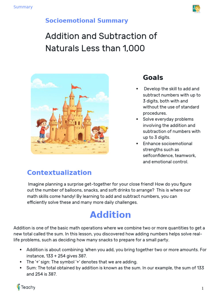 Addition and Subtraction of Naturals Less Than 1000 | PDF | Mathematics ...