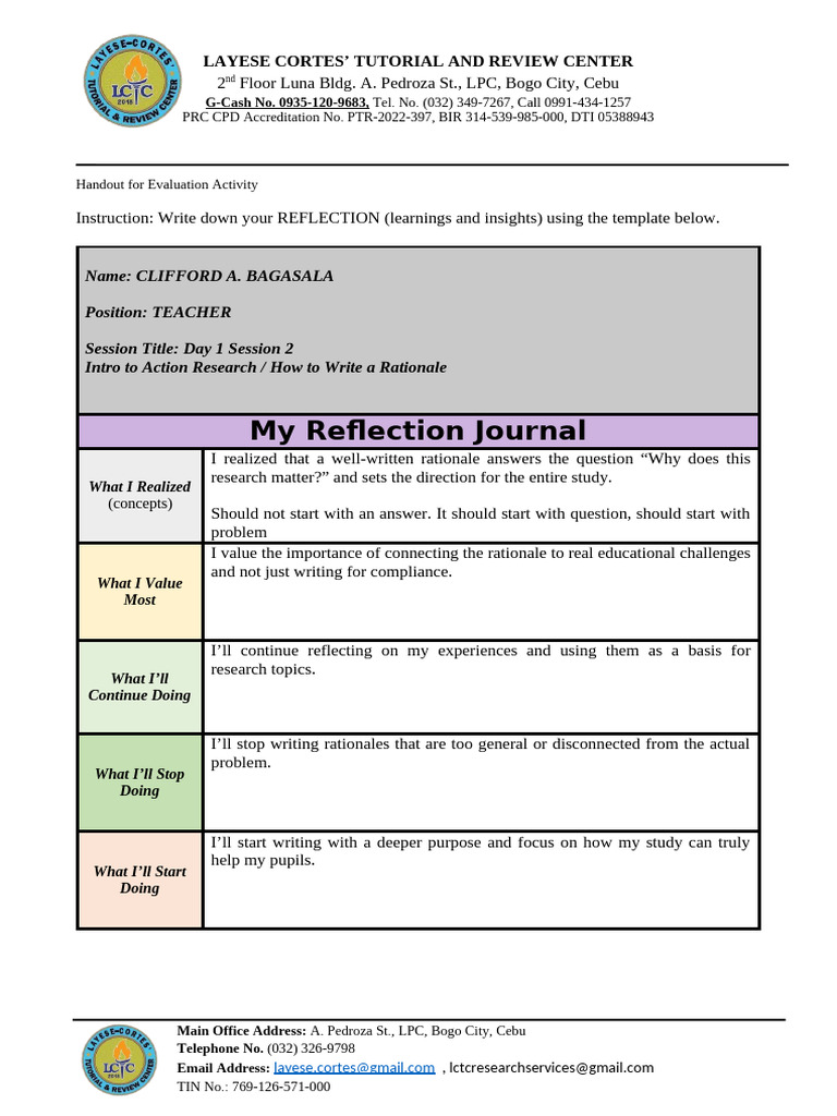 LCTC Reflection Journal d1s2 | PDF
