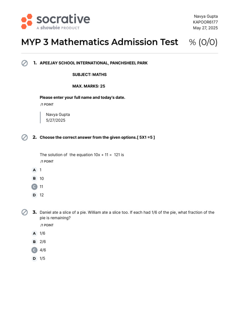 Navya Gupta - 0c7 - QZ - MYP 3 Mathematics Admission Test Checked ...