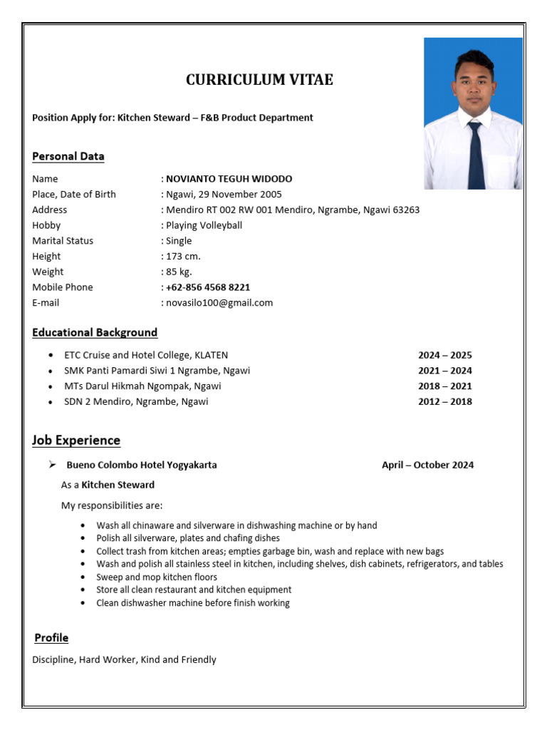 Kitchen Steward - CV Novianto Teguh Widodo (1) . | PDF | Dishwasher | Domestic Life