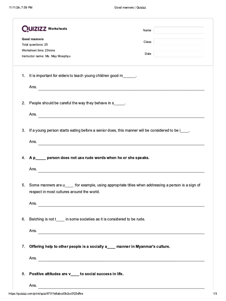 Good Manners - Quizizz | PDF