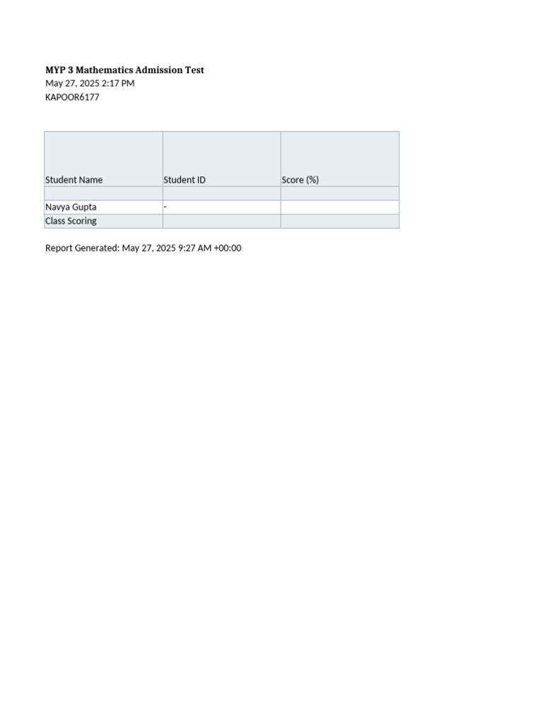 Class 2025-05-27 08 09 QZ MYP 3 Mathematics Admission Test | PDF ...