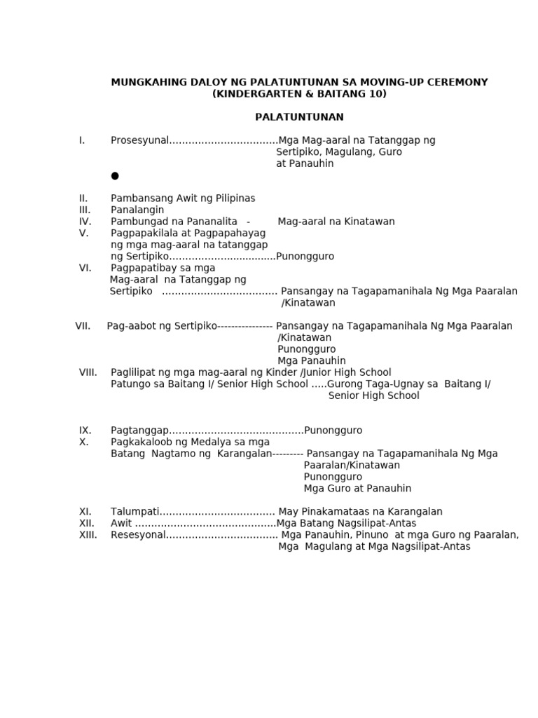 Moving-Up - Kinder at Grade 10 - Mungkahing Daloy NG Palatuntunan | PDF