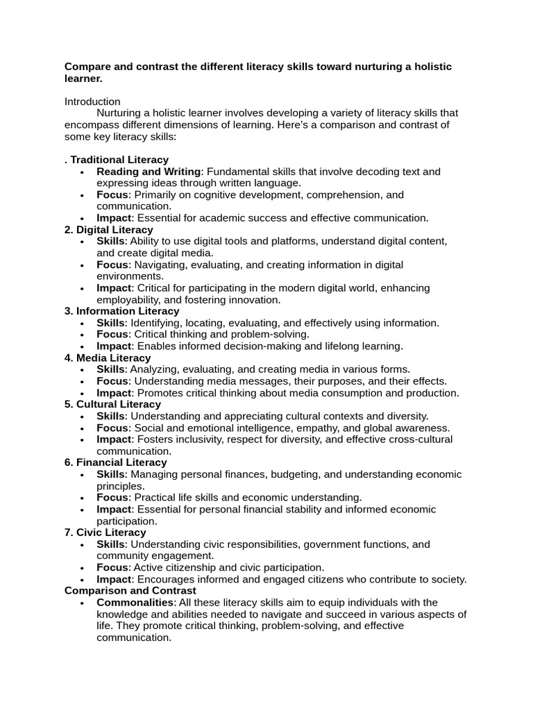Compare and Contrast the Different Literacy Skills Toward Nurturing a ...