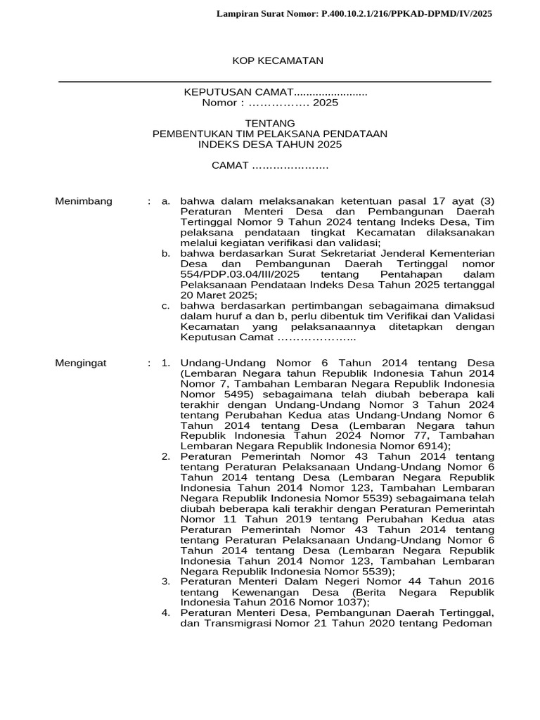 Draf SK Kecamatan Tim Verifikasi Dan Validasi Indeks Desa | PDF