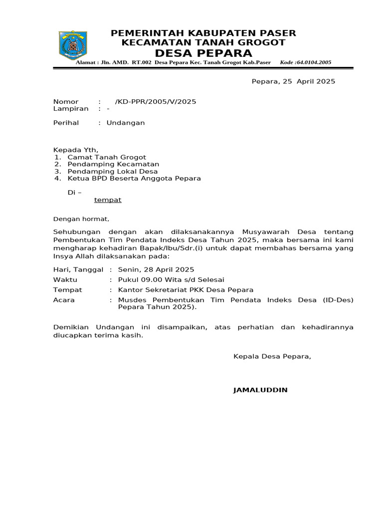 Undangan Musyawarah Desa Pepara 2025 | PDF