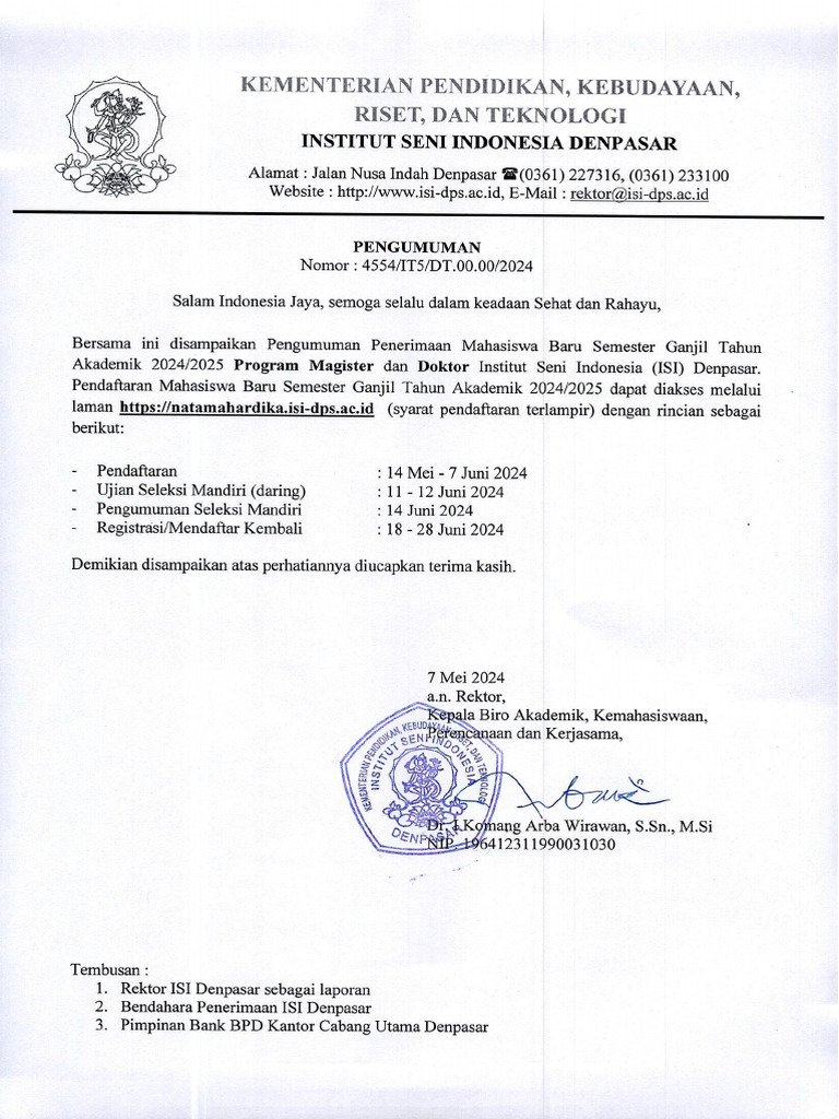 Pengumuman Seleksi Seleksi Mahasiswa Baru Program Magister Dan Doktor Ganjil 2024 2025 | PDF