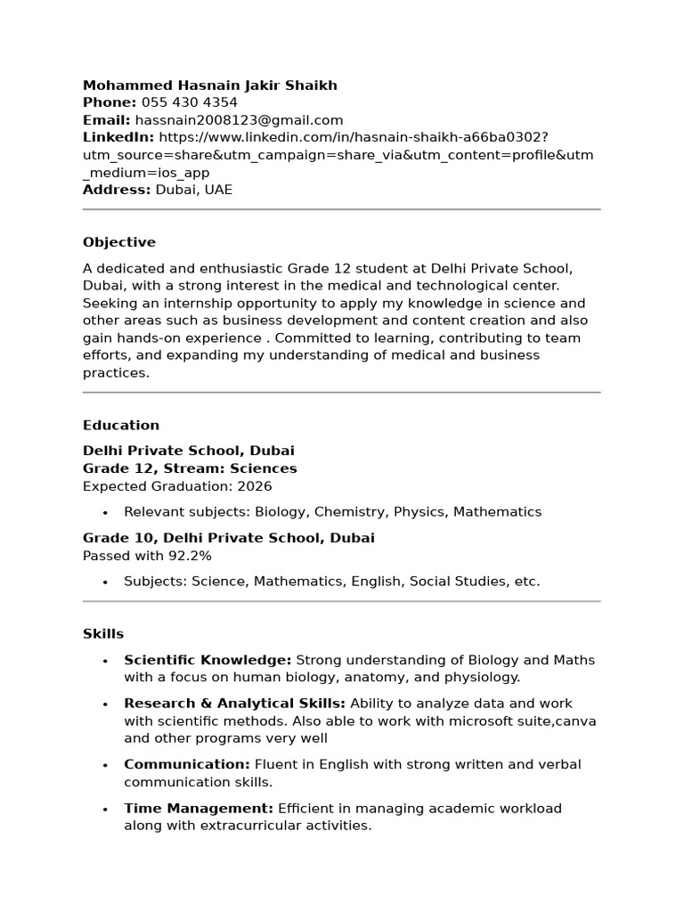 Mohammed Hasnain Jakir Shaikh CV | PDF | Science | Social Media