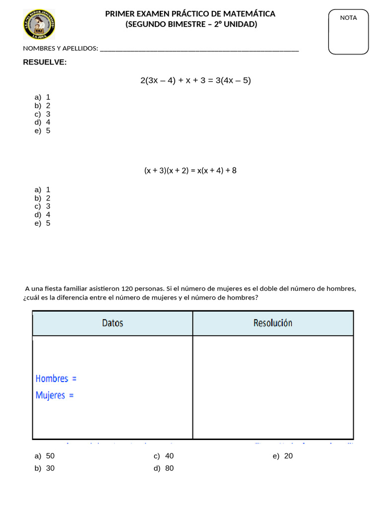 PRIMER EXAMEN practico 2 UNIDAD MATEMATICAS QUINTO GRADO | PDF