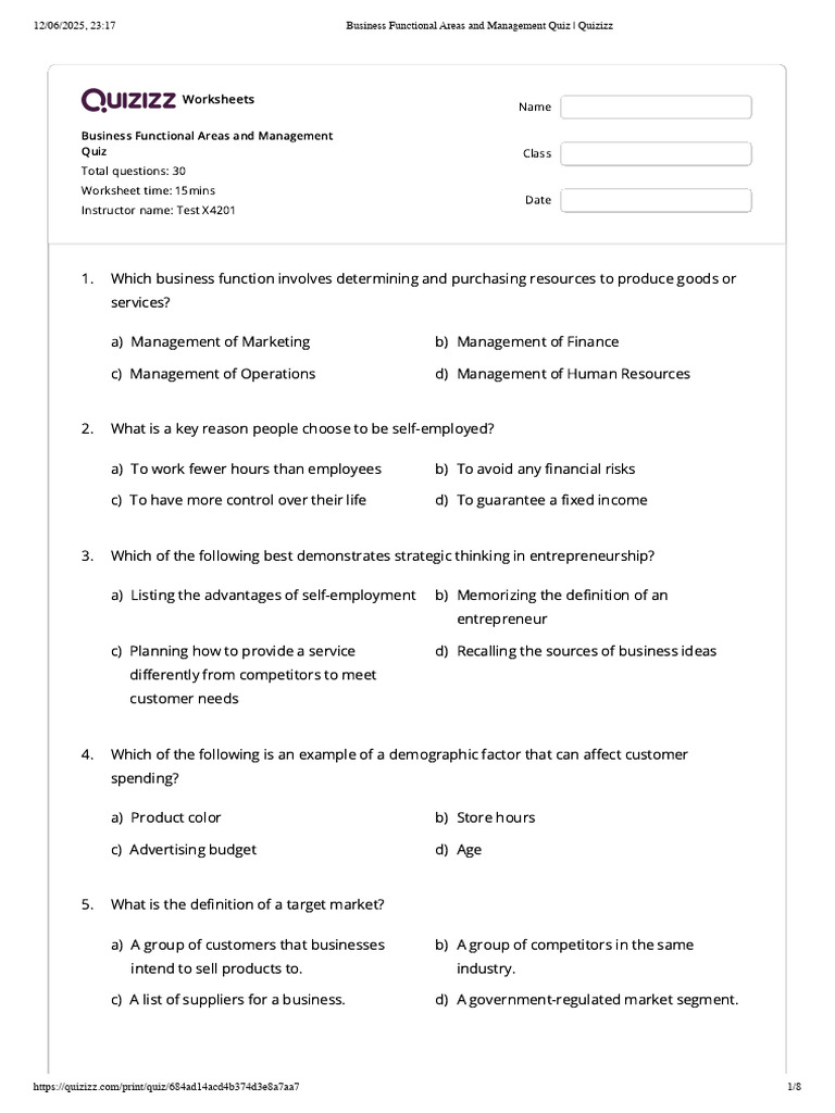 Business Functions and Management Quiz | PDF | Equity (Finance ...