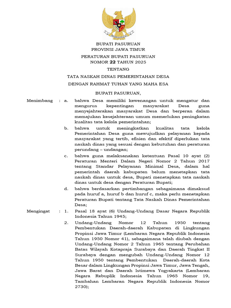 Perbup Tata Naskah Dinas Pemerintahan Desa | PDF
