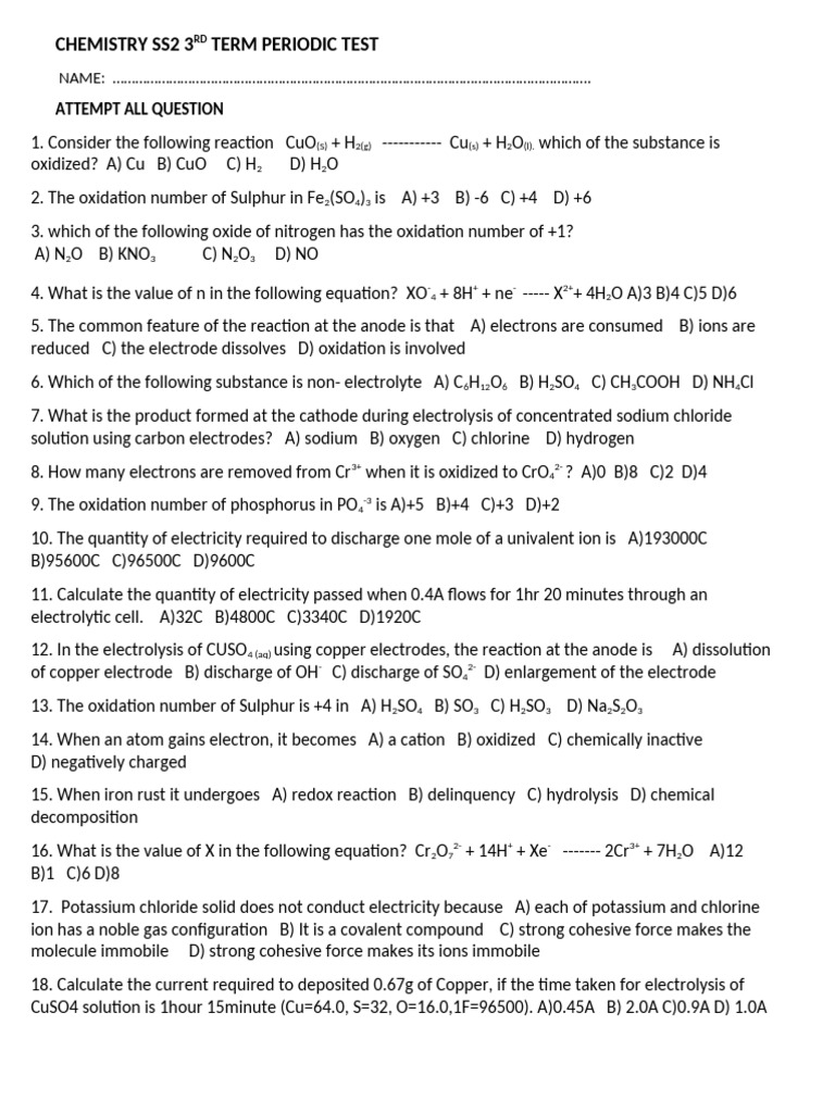 3rd Term Periodic Test Chem | PDF | Redox | Ion