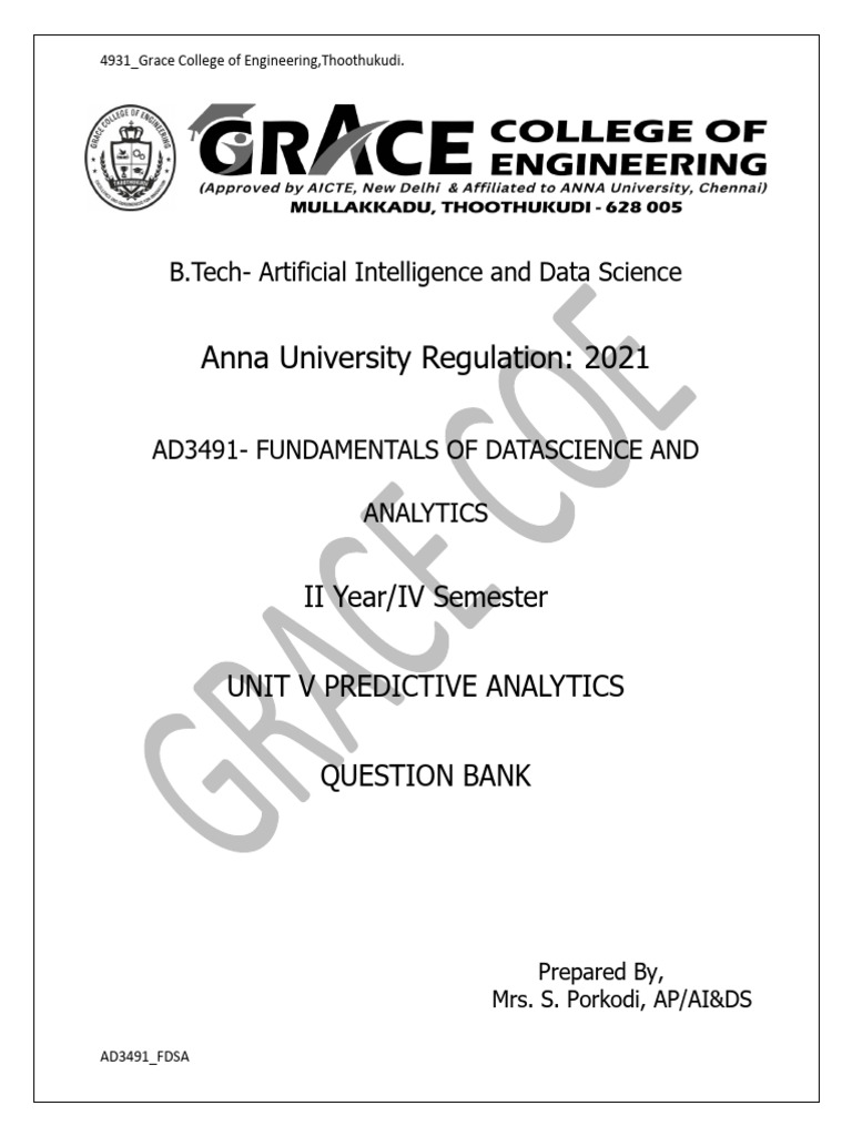 IV Ai-Ds Ad3491 Fdsa QB Unit5 | PDF | Predictive Analytics | Statistics