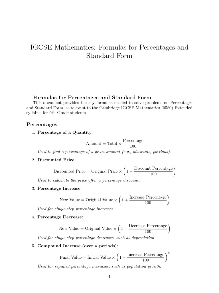 Formulas For Percentages and Standard Form | PDF | Percentage | Prices