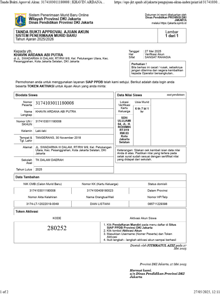 Tanda Bukti Aproval Akun - 3174103011180008 - Khavin Ardana Abi Putra | PDF