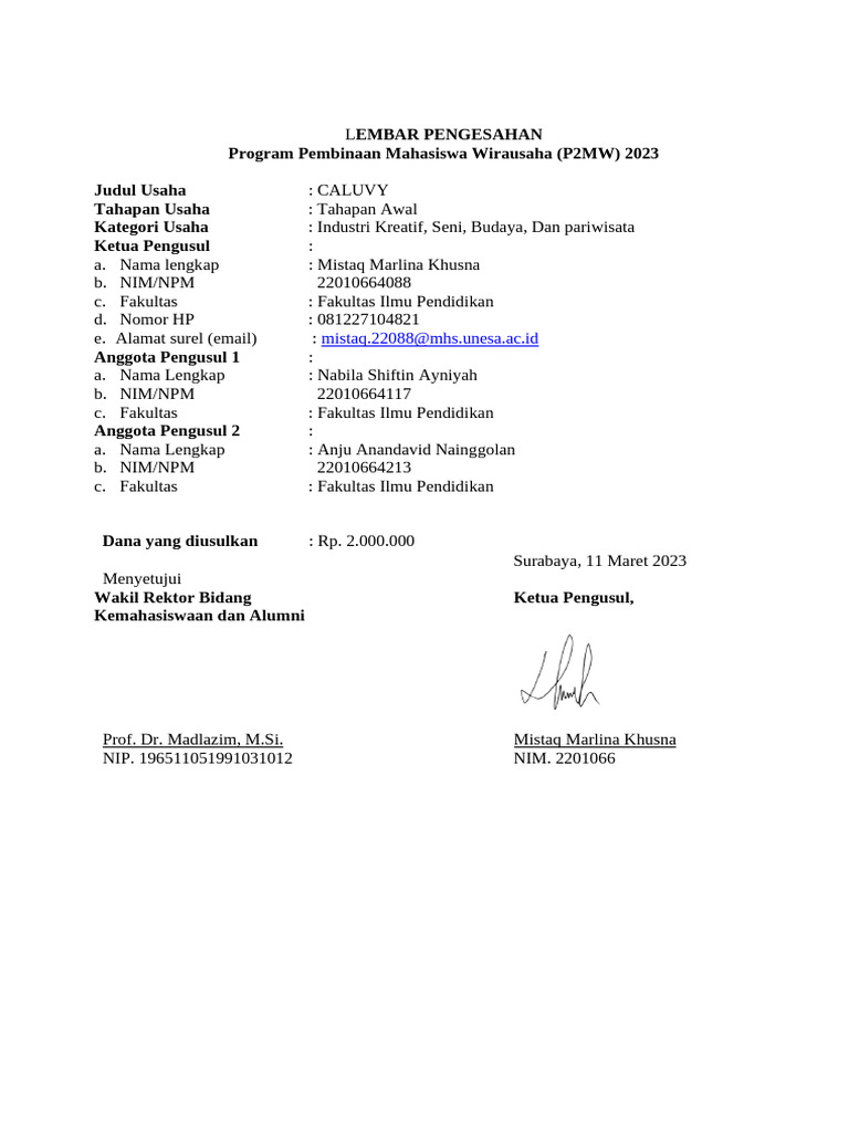 Pengesahan Usaha CALUVY oleh Mistaq | PDF