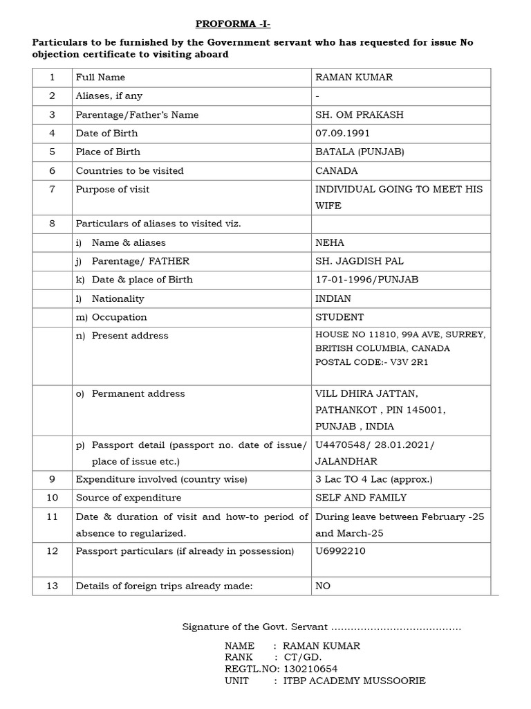 NOC Application for Overseas Visit | PDF | Government