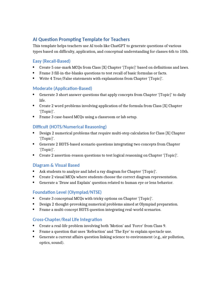 AI Question Prompt Template For Teachers | PDF