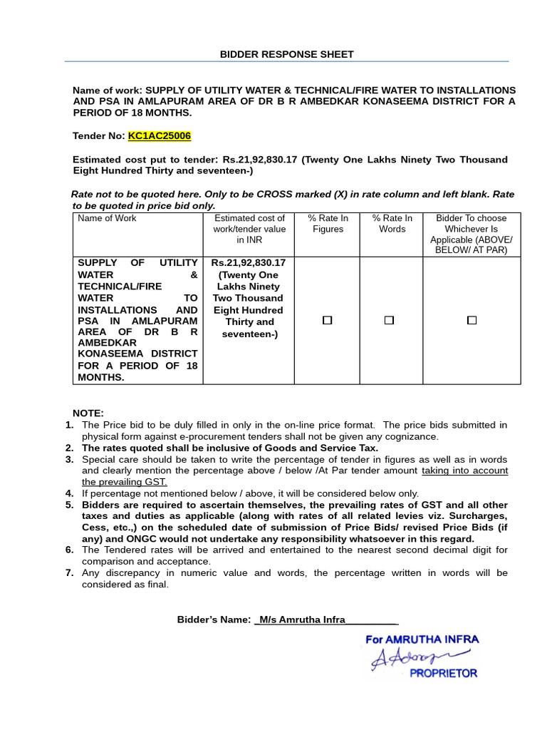 Utility Water Supply Tender Response Form | PDF | Joint Venture | Business