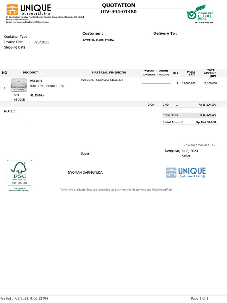 Quotation BBQ - Unique BBQ | PDF