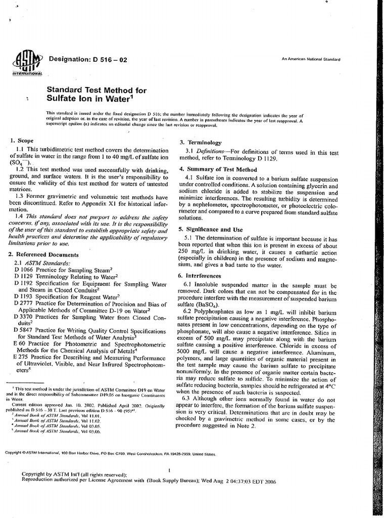 019-Astm D 516 (2002) Standard Test Method For Sulfate Ion in Water | PDF