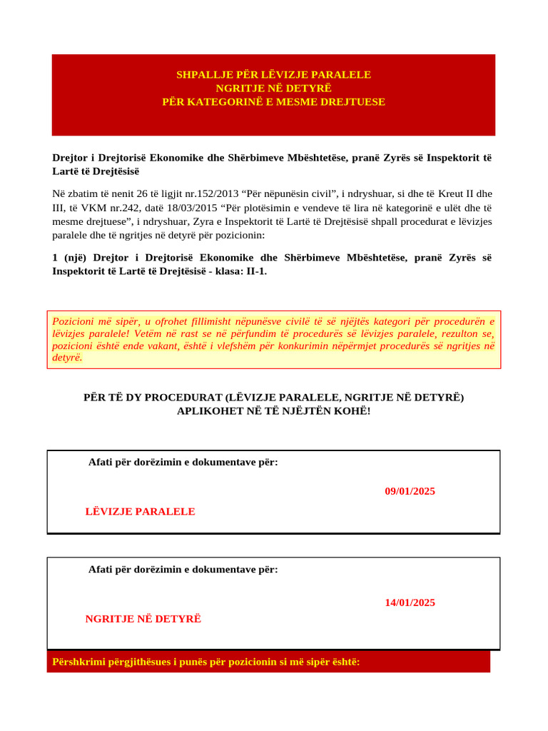 Shpallje Drejtor I Drejtorise Ekonomike Dhe Sherbimeve Mbeshtetese | PDF