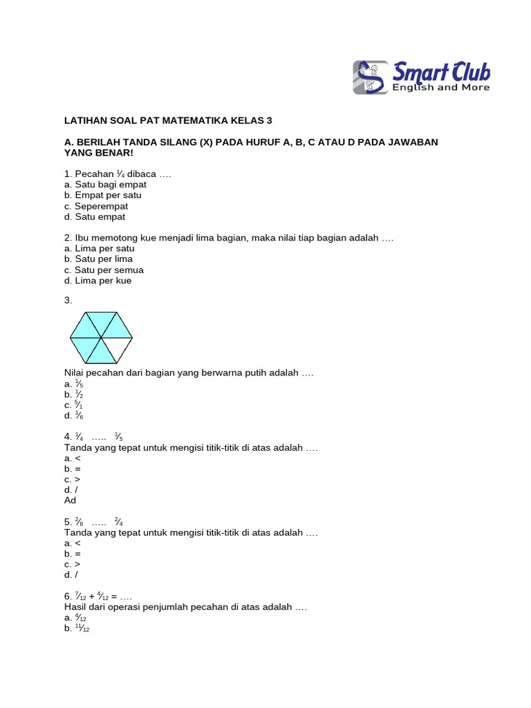 Latihan Soal Pat Matematika Kelas 3 | PDF