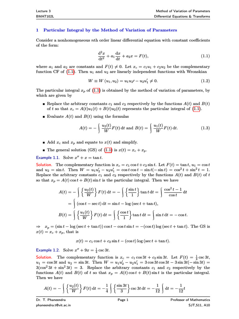 Lecture 3 Method of Variation of Parameters | PDF | Algebra | Mathematical Concepts