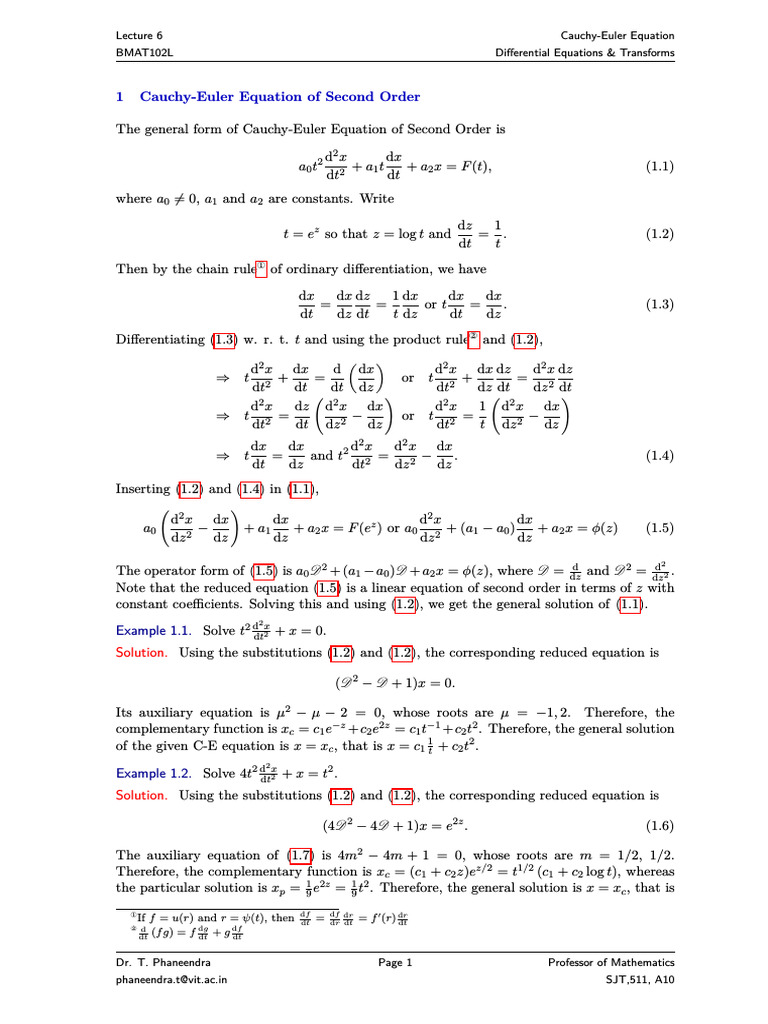 Cauchy-Euler Equation Overview | PDF | Equations | Applied Mathematics