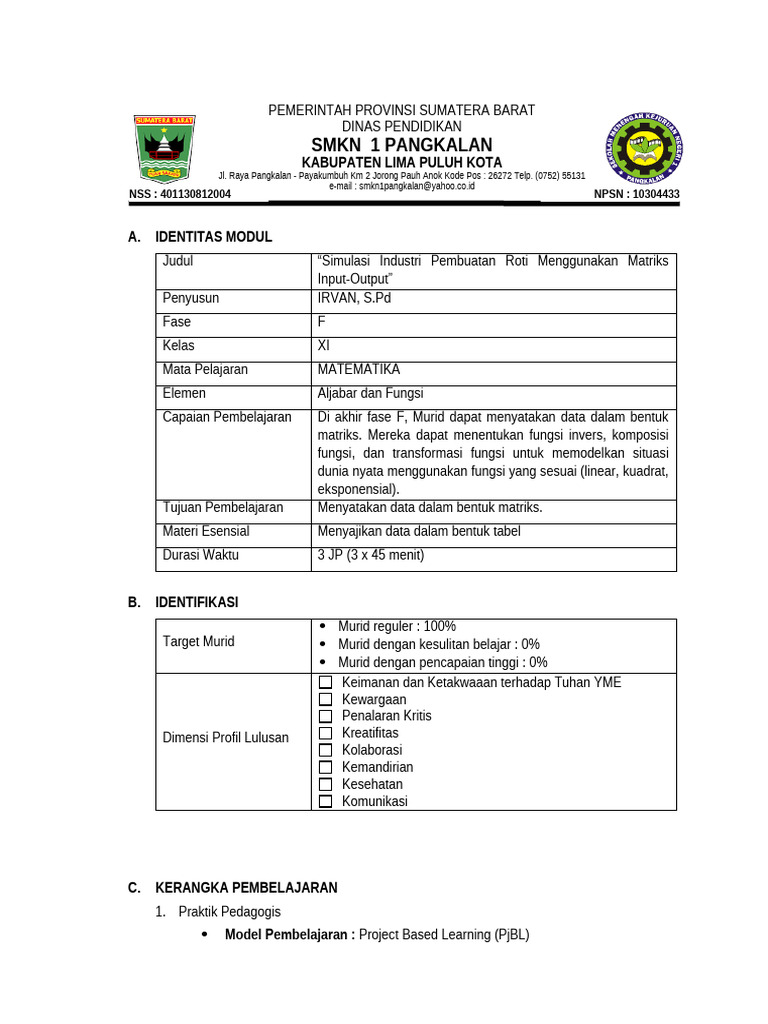 Modul Ajar DL Matematika Matriks Xi 1 | PDF