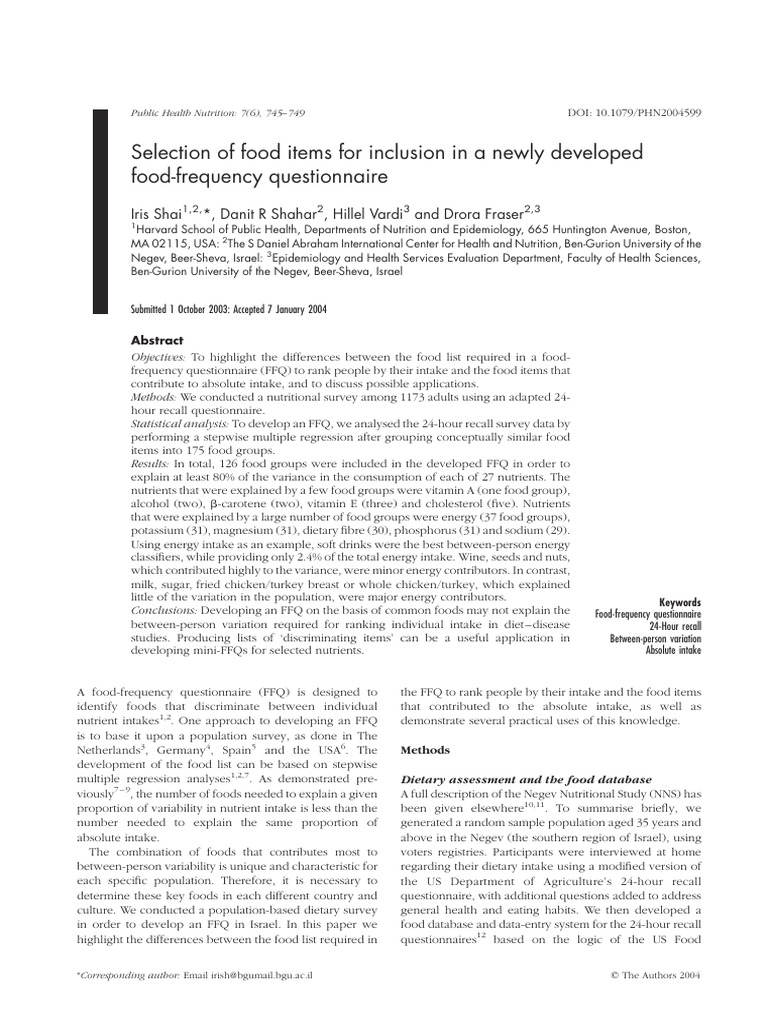 Selection of Food Items For Inclusion in | PDF | Foods | Nutrients