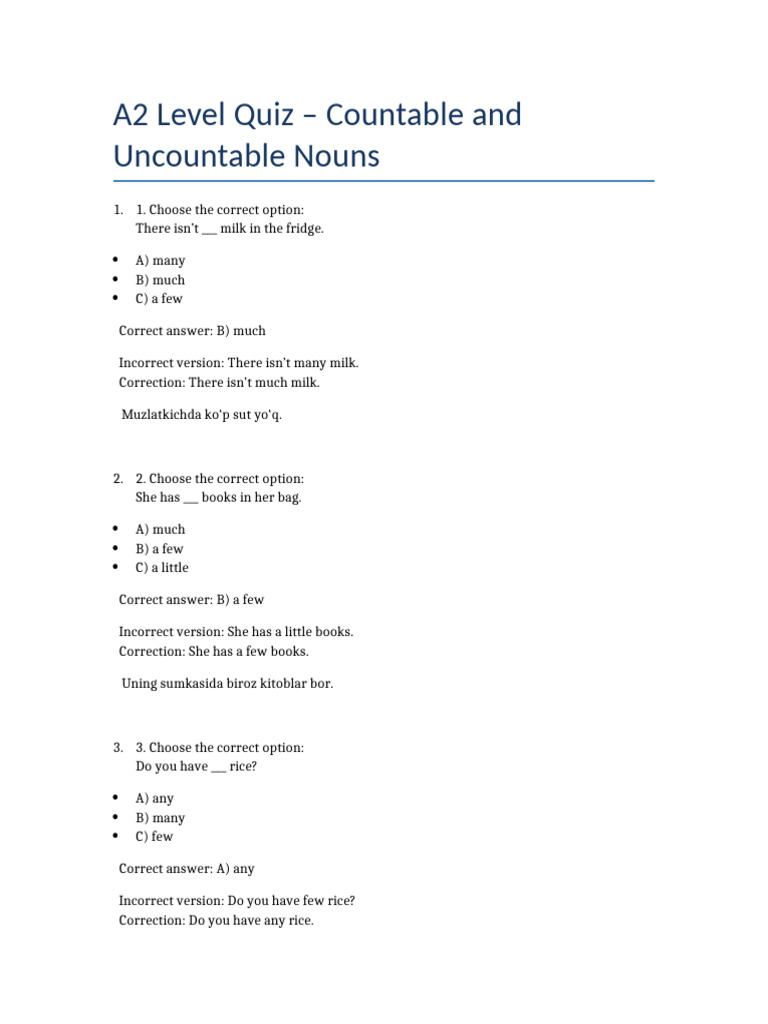 A2 Quiz Countable Uncountable | PDF