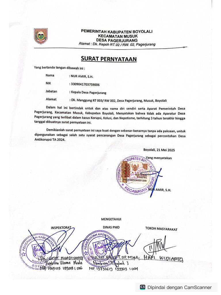 Surat Pernyataan Mengetahui Tomas, Dinas PMD, Inspektorat | PDF