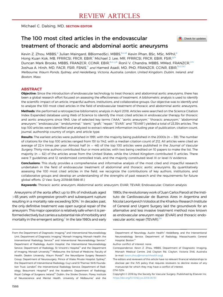 The 100 Most Cited Articles in the Endovascular Treatmen 2018 Journal ...