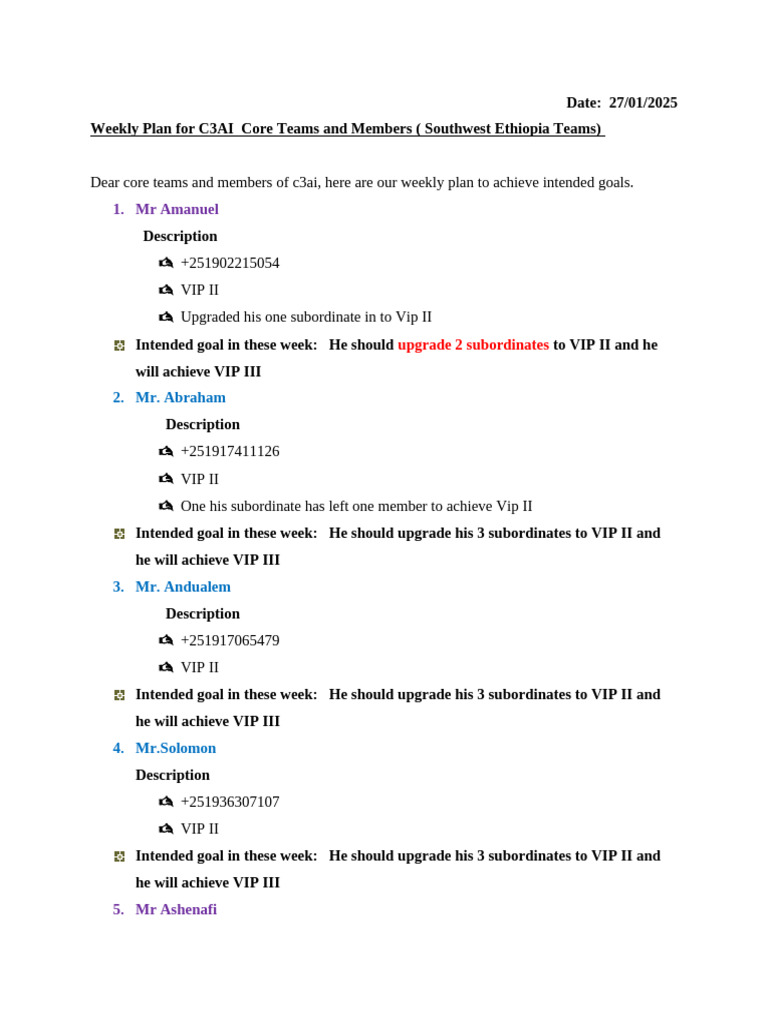 Weekly Plan of C3ai For Southwest Teams | PDF