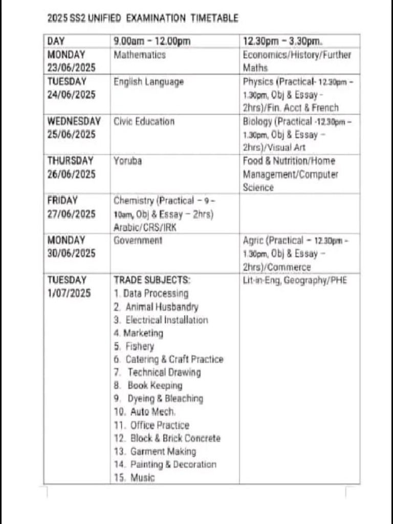 SS2 Examination Timetable 2025 | PDF