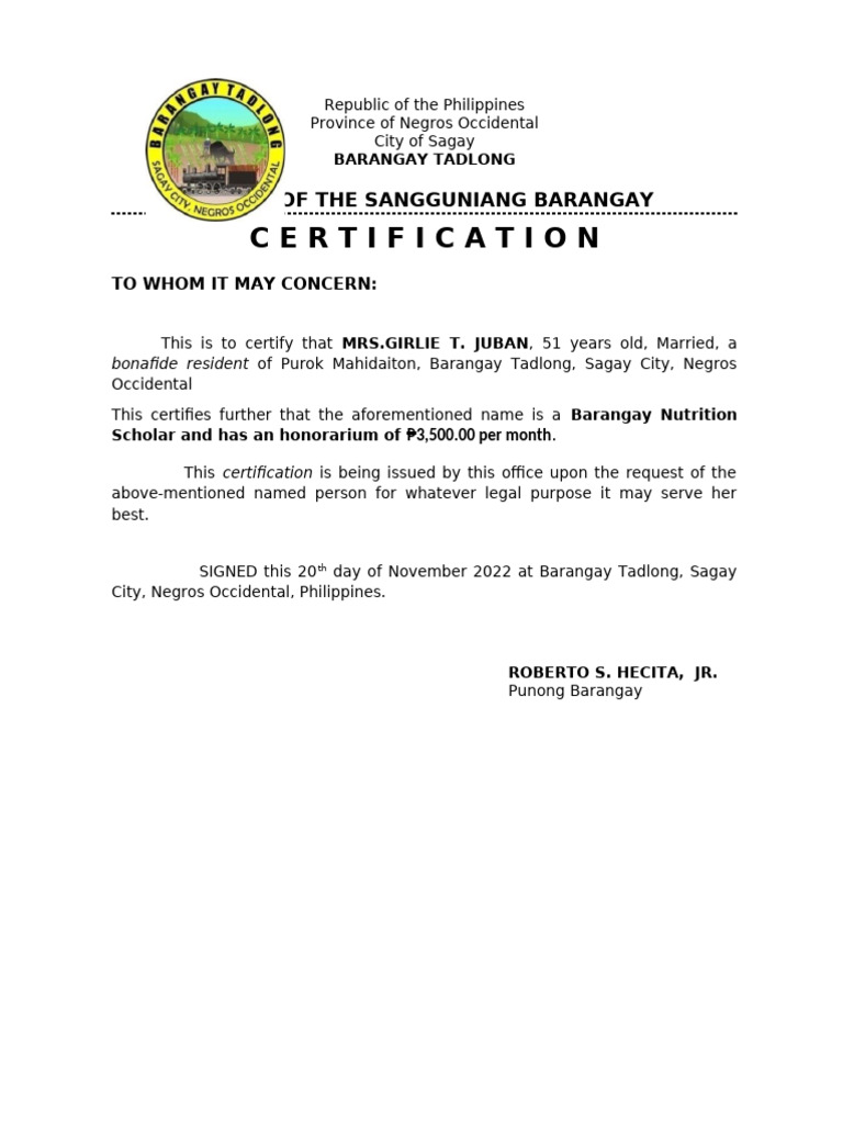 Brgy. Cert. Displaced Worker Elmer Harder | PDF