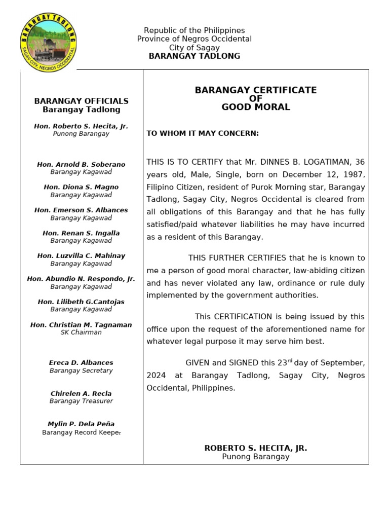 Brgy. Cert of Good Moral Character LOGATIMAN 2024 | PDF