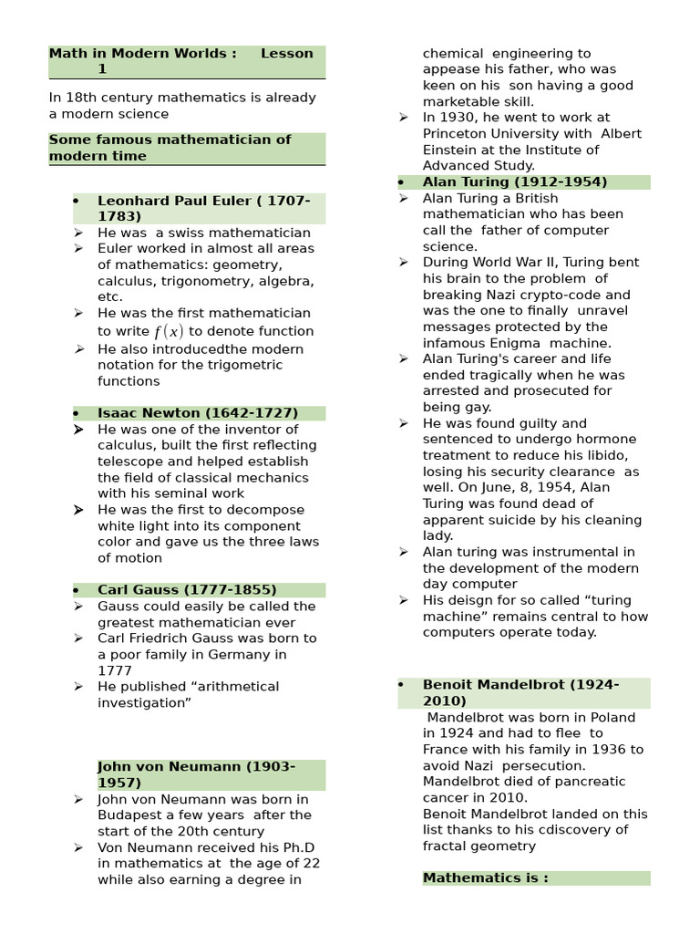 Math in Modern Worlds LESSON 1 NOTES | PDF | Mathematics | Alan Turing
